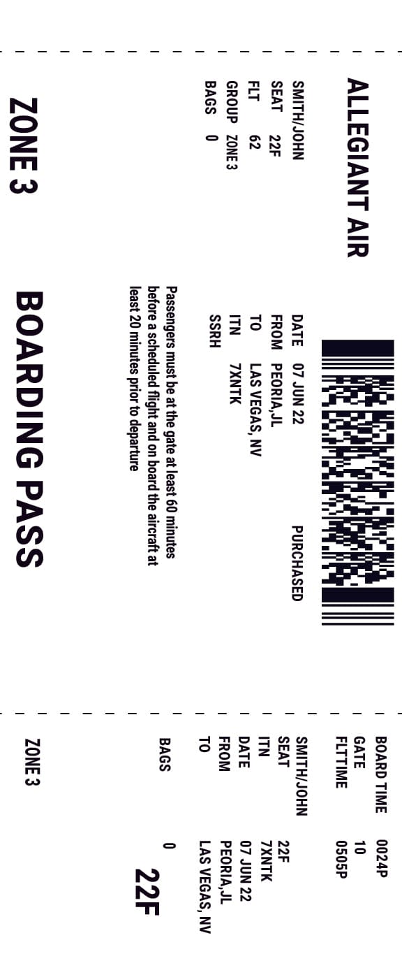 Allegiant Air Boarding Pass Ticket