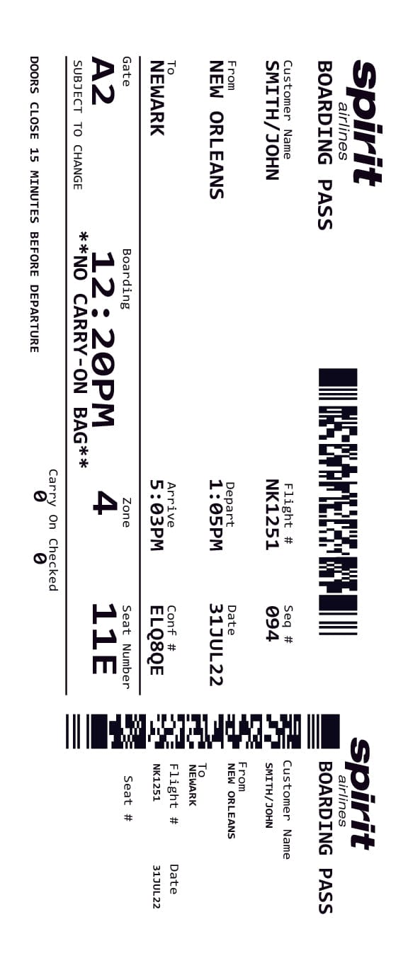Spirit Airline Boarding Pass Ticket